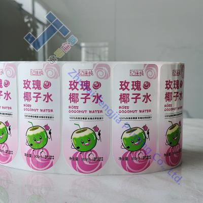 China Waterproof Rose Coconut Water Bottle Label Food Grade Adhesive Beverage Sticker for sale