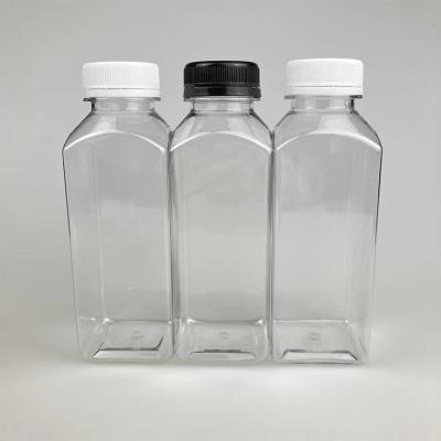 China Custom Support Different Size Clear Pet Plastic Square Juice Beverage Bottle With Black White Lids for sale