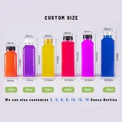China 16Oz Disposable Clear Pet Plastic Square Juice Beverage Bottle With Tamper Proof Lids for sale