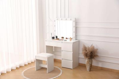 China French Style Vanity Table with Hollywood Bulb Mirror, Curved Leg Design, Multi-color Optional, Multiple Mirror Shapes Available, Comes with Drawers & Cushioned Stool, Bedroom Makeup Vanity Set for sale
