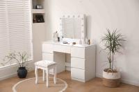 China French Style Vanity Table with Hollywood Bulb Mirror, Curved Leg Design, Multi-color Optional, Multiple Mirror Shapes Available, Comes with Drawers & Cushioned Stool, Bedroom Makeup Vanity Set for sale