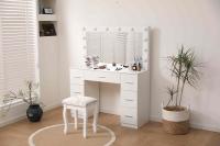 China French Style Vanity Table with Hollywood Bulb Mirror, Curved Leg Design, Multi-color Optional, Multiple Mirror Shapes Available, Comes with Drawers & Cushioned Stool, Bedroom Makeup Vanity Set for sale