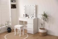 China French Style Vanity Table with Hollywood Bulb Mirror, Curved Leg Design, Multi-color Optional, Multiple Mirror Shapes Available, Comes with Drawers & Cushioned Stool, Bedroom Makeup Vanity Set for sale