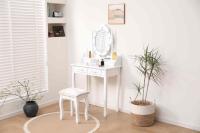 China French Style Vanity Table with Hollywood Bulb Mirror, Curved Leg Design, Multi-color Optional, Multiple Mirror Shapes Available, Comes with Drawers & Cushioned Stool, Bedroom Makeup Vanity Set for sale
