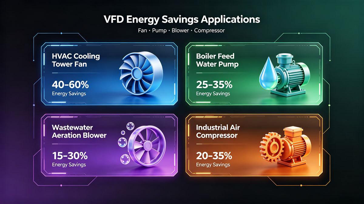 AnyHz VFD industrial applications infographic showing energy savings for cooling tower fans, boiler feed pumps, wastewater blowers, and air compressors