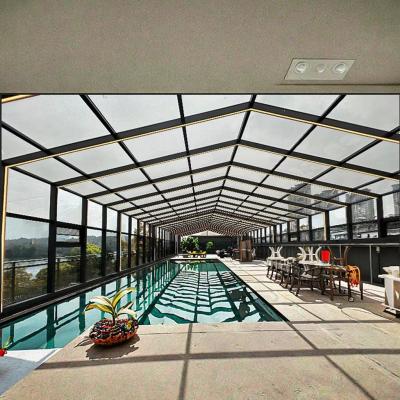 China Automatic Retractable Sliding Glass Enclosure for Outdoor Garden Pool Villa Sunroom Cover Flat Molding Ground for Hotels Parks for sale