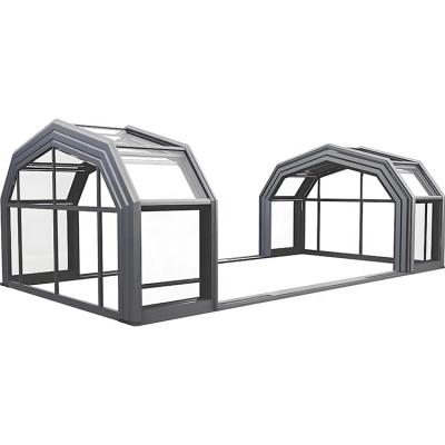 China Modern Aluminium Custom Motorized Retractable Glass Houses Enclosure Electric Automatic Sliding Sunroom Roof Cover Hotels Parks for sale