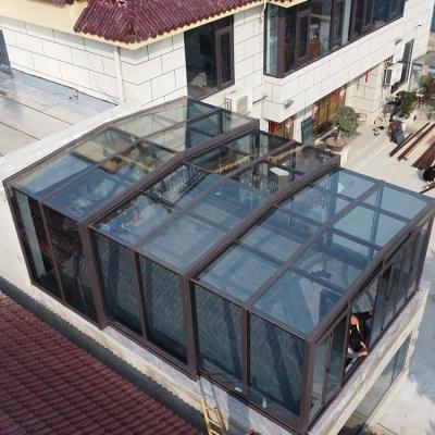 China Contemporary Design Movable Glass House Super Wide Sliding Retractable Aluminum Sunroom Sensor Garden Enclosure for Courtyard for sale