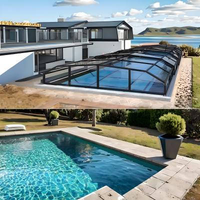 China Custom Retractable Electric Glass Roof for Swimming Pool Aluminum Sunroom Automatic Slide Pool Cover Flat for Hotels Apartments for sale