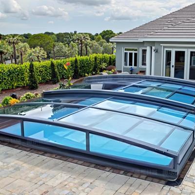 China Multifunctional Polycarbonate Pool Cover Retractable Folding Pool Enclosure for Outdoor Running Pool for Villas Hotels Flat Roof for sale
