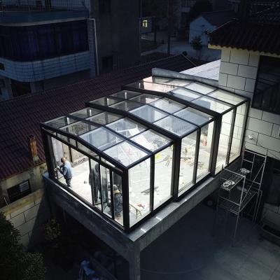 China Modern  Aluminum Conservatory Contemporary Sunroom Retractable Glass Sliding Walls Polygon Apartment Courtyard Hall for sale