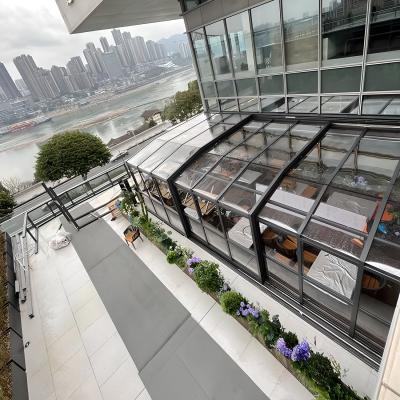 China Retractable Glass Sunroom with Sliding Open Style Flat/Triangle Roof Molding for 4 Seasons-for Hotels and Apartments for sale