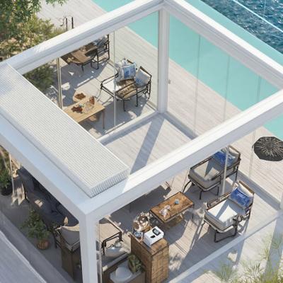 China Customized PVC Retractable Pergola Remote Control Adjustable Aluminum Alloy Without Wood Heat Treated Pavilion Size for sale