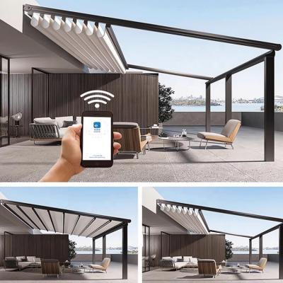 China Sunshade Sliding Folding Lip Roof Outdoor Retractable Canopy Aluminum Frame Polyester Sail 6m Projection Ordinary Switch Pergola for sale