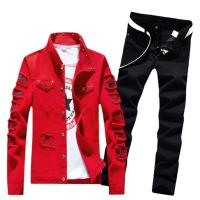 China Men's Outdoor Denim Suit Single-Breasted Jackets with Polyester/Denim Blend Material for sale