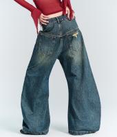 China Streetwear Fashion Y2K Style Wide Straight Leg Fit Denim Jeans with Hole Decoration for sale