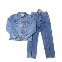 China Men's Outerwear Blue Jeans Sets Washed Printing Denim Jacket Set Weaving Method Woven for sale