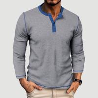 China Long Sleeve Blank Men's Henley Cotton T-shirts Lightweight Button Tees with Round Neck for sale