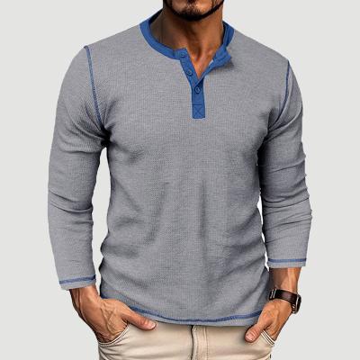 China Long Sleeve Blank Men's Henley Cotton T-shirts Lightweight Button Tees with Round Neck for sale