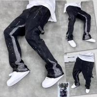 China High Street Men's Straight Jeans with Printed Design and Slight Flare in Dark Wash for sale