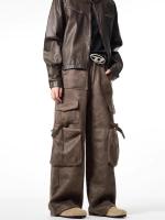 China Loose Straight Leg Casual Trousers for Men Vintage Multi-Pocket Deerskin Overalls for sale