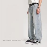 China Mid Waist Type Men's Denim Trousers Custom Washed Straight Jeans with Light Plaid Print for sale