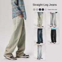 China Mid Waist Type Men's Denim Trousers Custom Washed Straight Jeans with Light Plaid Print for sale