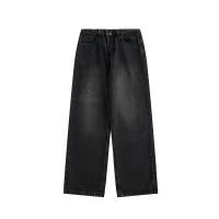 China Mid Waist Type Men's Denim Trousers Custom Washed Straight Jeans with Light Plaid Print for sale