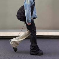 China Mid Waist Denim Fabric Custom Washed Raw Edge Patchwork Flared Trousers Jeans For Men for sale