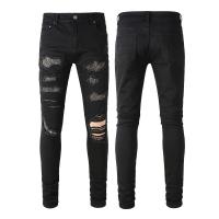 China Double-Layer Waistband Fold Design Black Rhinestone Stacked Skinny Denim Jeans for Men for sale