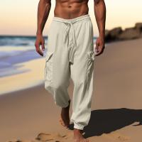 China Drawstring No Fly Men's Trousers in Printed Design and Loose Cotton And Linen Material for sale