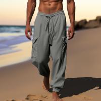 China Drawstring No Fly Men's Trousers in Printed Design and Loose Cotton And Linen Material for sale