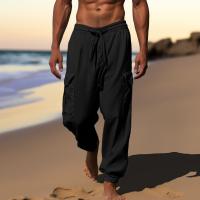 China Drawstring No Fly Men's Trousers in Printed Design and Loose Cotton And Linen Material for sale