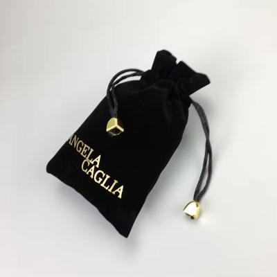 China Portable Black Flocking Gold Printing Velvet Pouch for Customized Jewelry Packaging for sale