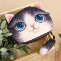 China Customized Color Plush Make-up Bag with 3D Cat Coin Purse and Animal Print Tail Zipper for sale