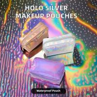 China PU Cosmetic Bag Custom Logo Holographic Silver Purple Waterproof Zipper Pouch Rose Gold Makeup Bag Fashion for sale