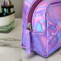 China PU Cosmetic Bag Custom Logo Holographic Silver Purple Waterproof Zipper Pouch Rose Gold Makeup Bag Fashion for sale