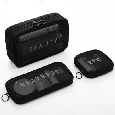 China Solid Pattern Type Nylon Mesh Toiletry Makeup Cosmetic Bag Set with Custom Letters Logo for sale