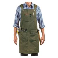 China Restaurant Bar Essential Washed Canvas Chef Bib Apron with Tool Pocket and Customized Logo for sale