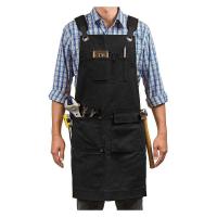China Restaurant Bar Essential Washed Canvas Chef Bib Apron with Tool Pocket and Customized Logo for sale