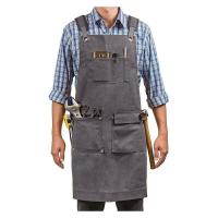 China Restaurant Bar Essential Washed Canvas Chef Bib Apron with Tool Pocket and Customized Logo for sale