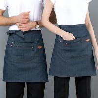 China Polyester Cotton Blend Half Waist Apron with Denim Material and Custom Logo Printing for sale