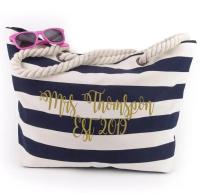 China Customized Logo Canvas Stripe Tote Bag for Summer Beach School Bag Trolley Arrival for sale