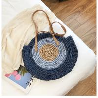 China 2022 Handwoven Round Beach Shoulder Bag Straw Bag with Leather Handle and Custom Logo for sale