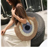 China 2022 Handwoven Round Beach Shoulder Bag Straw Bag with Leather Handle and Custom Logo for sale
