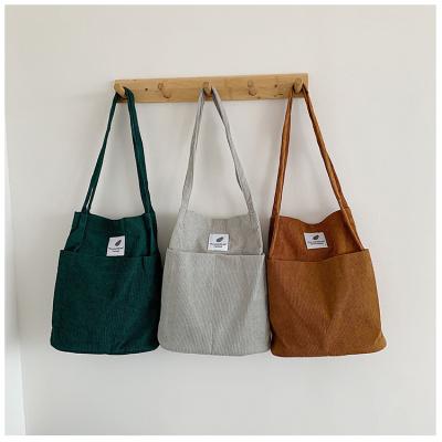 China Trendy Large Custom Logo Letter Print Cotton Tote Bag Solid Color Corduroy Canvas Bag for sale