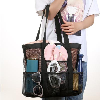China Custom Logo Black Shell Collection Large Nylon Portable Mesh Beach Tote Bag for Women for sale