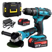 China 2-piece Industrial-grade 21V Lithium Battery Cordless Drill and Angle Grinder Power Tool Kit, Equipped with Brushless Motor for sale