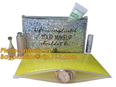 China Poly Bubble Mailer with Zip on Top Glitter Make Up Bags,Metallic Glossier Pink Cosmetic Packing Ziplock Bubble Pouch Sli for sale