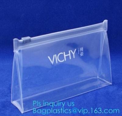 China MultiColor Plastic Slider Zipper Bags, logo printing pvc small zip transparent bag, Standup Cosmetic PVC Bag With Slider for sale